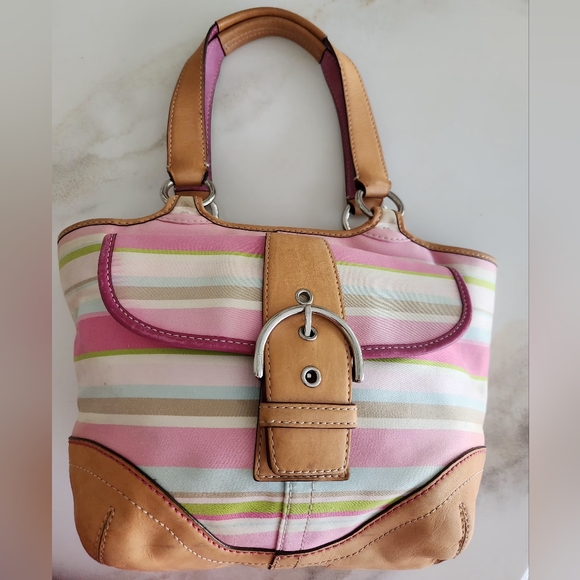 Coach | Bags | Coach Striped Canvas And Leather Shoulder Bag Happiness ...